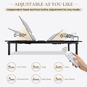 SHA CERLIN Electric Ergonomic Adjustable Bed Base Queen Size, Independent Head and Foot Incline, Wireless Remote Control with Quiet Motor