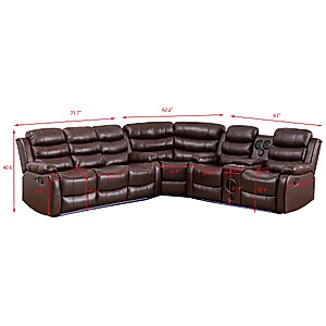 Hybition Faux Leather Living Room Set Modern Reclining Sectional Sofa with LED Light, USB Chargers, Sound System, 4Cup Holders, Hidden Storage, Brown