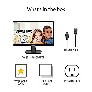 ASUS 27 Inch Monitor - 1080P, IPS, Full HD, Frameless, 100Hz, 1ms, Adaptive-Sync, for Working and Gaming, Low Blue Light, Flicker Free, HDMI, VESA Mountable, Tilt - VA27EHF,Black