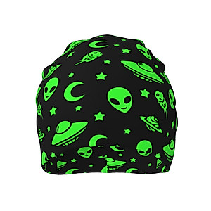 JZDACH Slouchy Men's Cool Beanie Slouch Cap Baggy Hip-Hop Winter for Green Alien Moon Spaceships Planet Black Hat Winter Hats for Men and Women Warm Daily Lightweight Cap