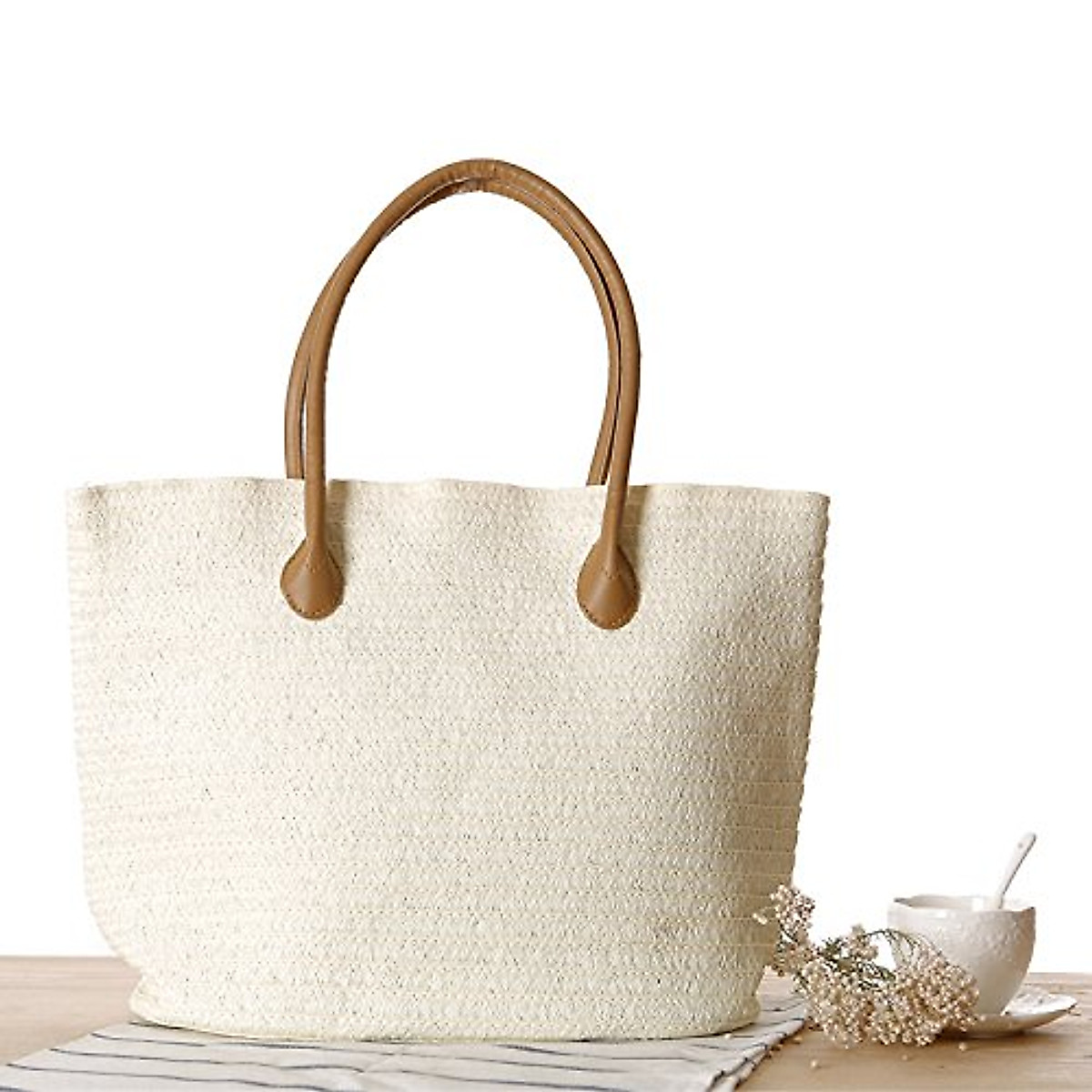 Women's Classic Straw Summer Beach Shoulder Bag Handbag Tote With PU Leather Straps Handmade Purse, White, Medium