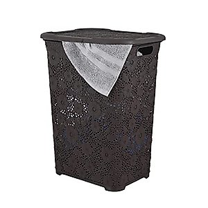Laundry Hamper With Lid Lace Design 50 Liter - Brown Laundry Hamper Basket With Cutout Handles, Rectangular Shape Modern Style Bin - Dirty Cloths Storage. By Superio