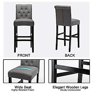 LSSBOUGHT 30 Inches Stylish Fabric Barstools with Solid Wood Legs and Button-Tufted Back,Set of 2 (Gray)