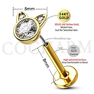 COCHARM 14K Gold Cartilage Earring Stud Yellow Gold 16g Flat Back Cartilage Stud 14K Solid Gold Push in Cartilage Piercing Stud Cat Labret Stud Gold Medusa Studs