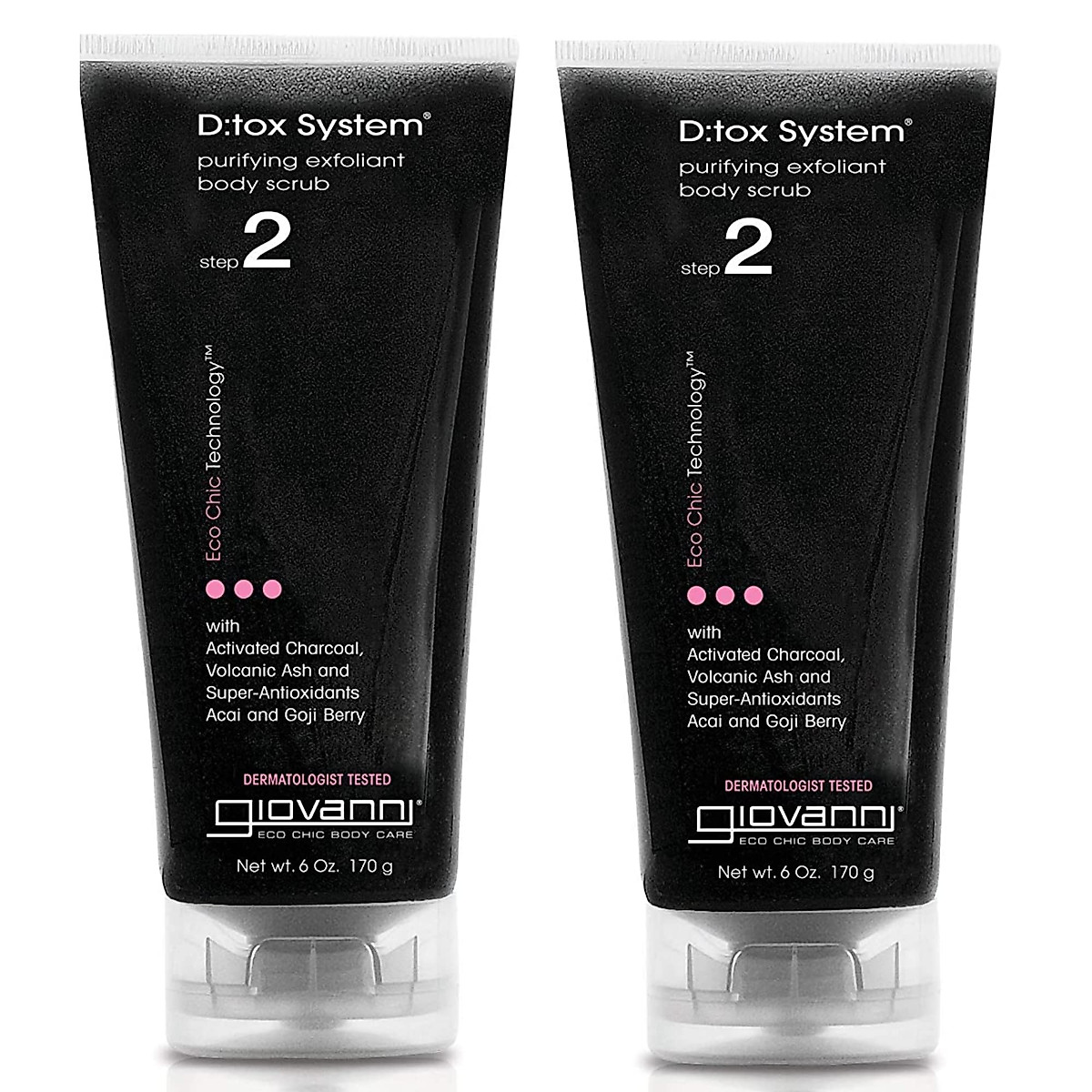 GIOVANNI D:TOX SYSTEM Purifying Exfoliant Body Scrub, 6 oz. Removes Impurities, Activated Charcoal, Super-Antioxidants Acai & Goji Berry, Volcanic Ash, Hypoallergenic, Dermatologist Tested(Pack of 2)