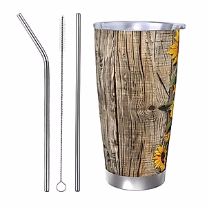 AYCZN Rustic Wooden Board 20 OZ Tumbler Stainless Steel Travel Coffee Mug, Vintage Sunflower Insulated Water Bottle with Lid and Straws Leakproof Thermal Cup