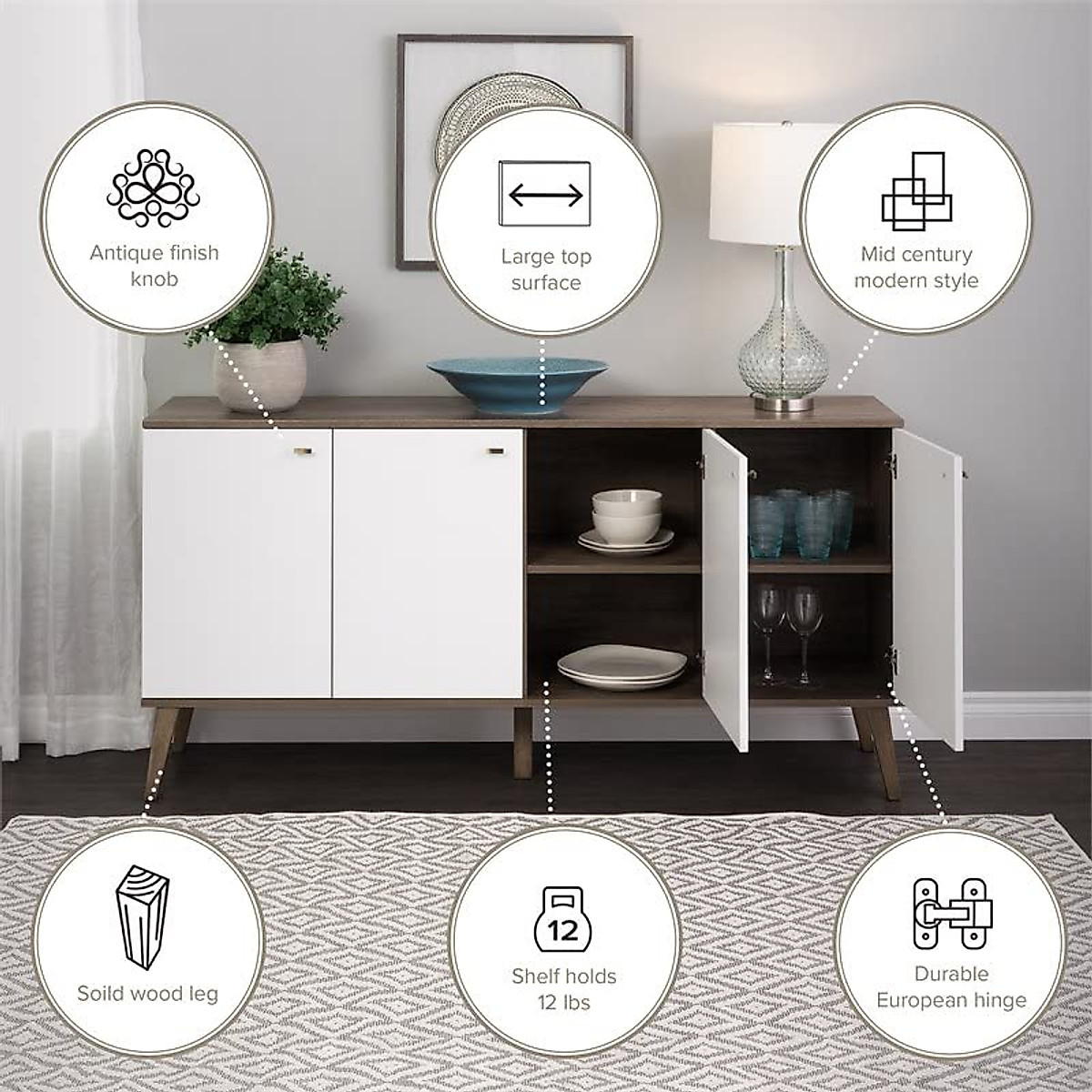 Prepac Milo Mid-Century 4 Door Buffet, 16" D x 64" W x 32" H, Drifted Gray/White