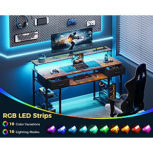 ODK Computer Desk with LED Lights & Power Outlet, 48 Inch Gaming Desk with Keyboard Tray & Drawers & Storage Shelves, Office Table Work Desk with Monitor Stand & PC Stand, Rustic Brown