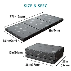 EMOOR Tri-Fold Mattress Start Twin (78x38x3in) 180N, High Resistance Egg Crate, Washable Cover, Gray, Minimalist,