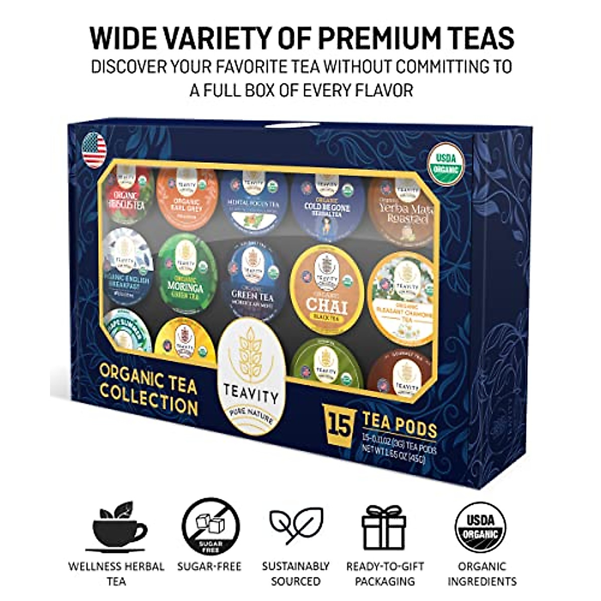Organic Tea Pods Variety Pack - Assorted Sampler Pack Compatible for Keurig Brewer and Coffee Maker - Earl Grey, English Breakfast, Chai, Chamomile - Herbal Tea Pod for K Cup Keurig Brewing -15 count (Pack of 1) by Teavity