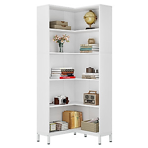 LITTLE TREE 70.8-in Tall Bookcase, 6-Tier White L-Shaped Bookshelf, Modern Corner Bookcase Bookshelf, Freestanding Display Storage Rack with Back Panel for Living Room, Bedroom