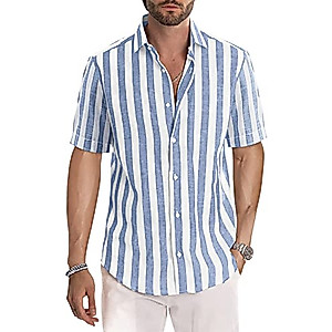 JMIERR Men's Summer Casual Stylish Short Sleeve Button-Up Shirts Cotton Linen Vertical Striped Business Dress Shirts Beach Cruise Shirt Resort Wear Old Money Aesthetic Clothes, US 43(L), Sky Blue