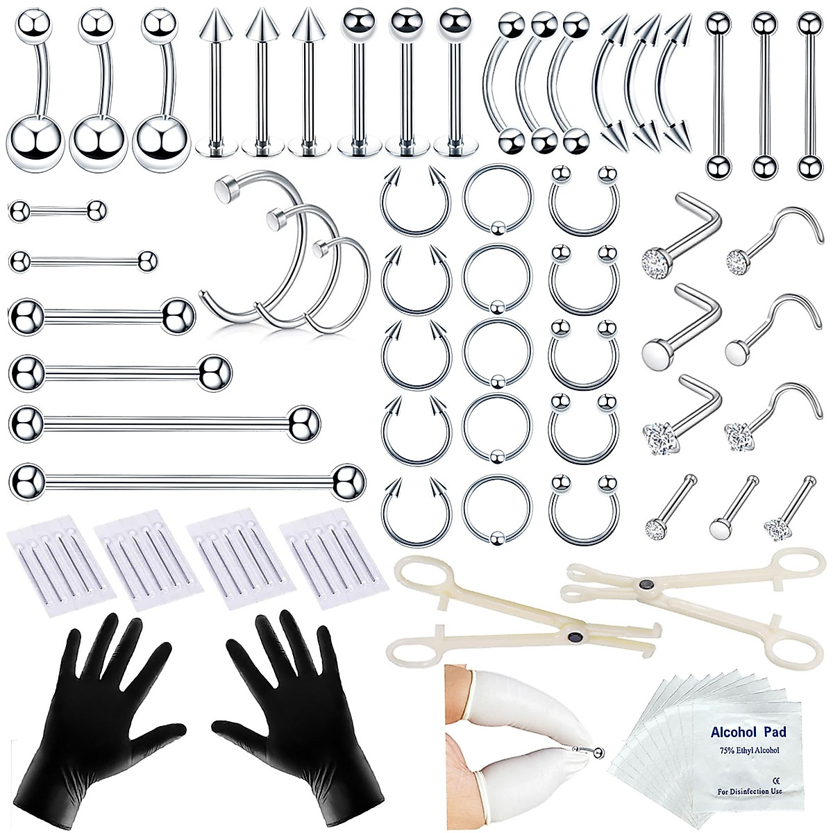 Tustrion 80PCS Nose Piercing Kit for All Body Piercings Stainless Steel Piercing Jewelry with 12G 14G 16G 20G Piercing Needles for Ear Cartilage Tragus Nose Septum Lip Eyebrow