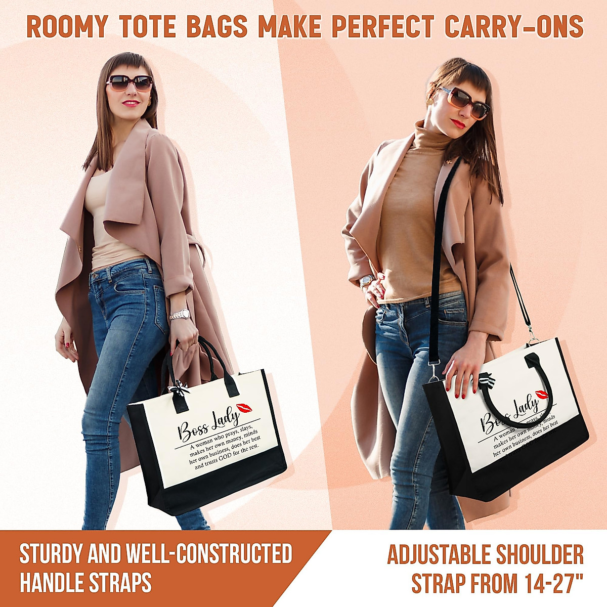 Boss Lady Gift Tote Bag, Leaving Moving Appreciation Retirement Birthday Christmas Gifts for Boss, Leader, Boss Lady, Manager Director, Women, 13oz Canvas Tote Bag With Zipper For Women