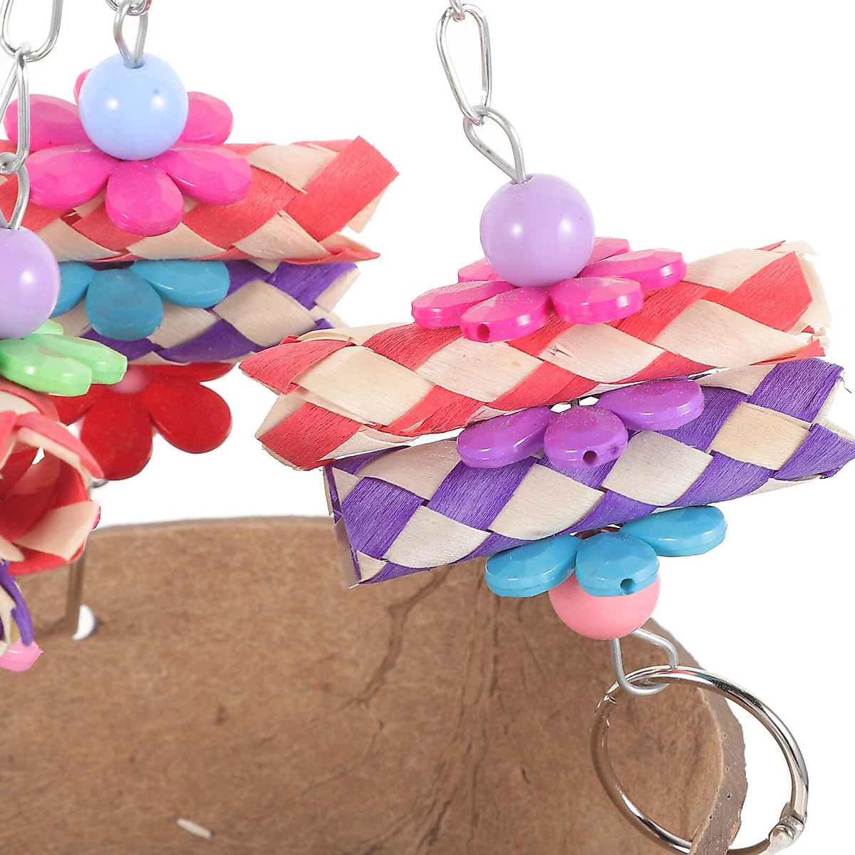 Bird Hammock Coconut Shell Hamster Nest Parrot Cage with Chain Charm and Fake Flower for Pet Hanging Bed (5x11”)