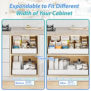 OVICAR Pull Out Cabinet Organizer - Expandable Slide Out Drawer - 21" Deep Adhesive Storage Shelf with 4pcs Divider Racks for Kitchen Pantry Bathroom Home, 12.2"-20.7" W, White