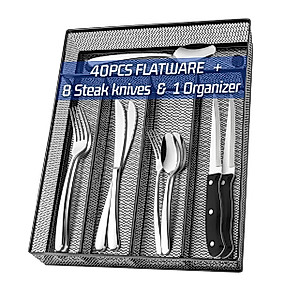 49-Piece Silverware Set with Flatware Drawer Organizer, HaWare Heavy Duty Stainless Steel Cutlery Set for 8, Kitchen Utensils Tableware with Steak Knife Dinner Fork Knife Spoon & Tray, Mirror Finished