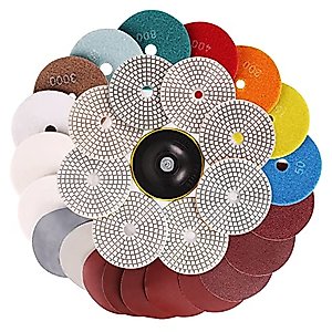 4 Inch Diamond Polishing Pads,22PCS Wet Polishing Kit with Backer Pad 50-6000 Grit Polishing Pad for Concrete Marble Stone Countertop Quartz Drill Grinder Polisher
