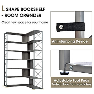 SHMAO 6-Tier Corner Bookshelf, L Shaped Bookshelves, Large Modern Tall Corner Bookcase, Industrial Standing Storage Open Display Rack Bookshelf, Rustic Bookcase for Home Office, Living Room(Grey)