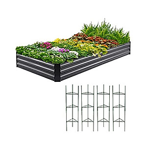 Quictent Galvanized Raised Garden Bed 8x4x1 Ft w/ 4 Tomato Cages Metal Planter Box Kit Planting Vegetables Fruits Herbs Flowers Bottomless Backyard Patio Weed Barrier Included Upgraded Wing Nuts