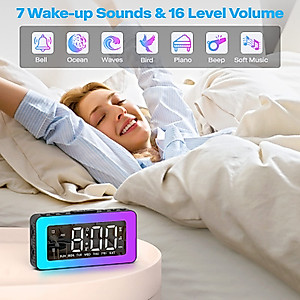 Kids Alarm Clock for Bedroom, Mirrored Digital Clock with 8 RGB Night Lights, 0%-100% Dimmable, Sleep Aid, 8 Sleep Sounds, Dual Alarms, Snooze, USB Charger, Ideal Gifts for Teenage Boys Girls