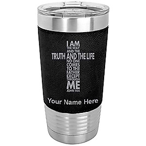 LaserGram 20oz Vacuum Insulated Tumbler Mug, Bible Verse John 14-6, Personalized Engraving Included (Faux Leather, Black)