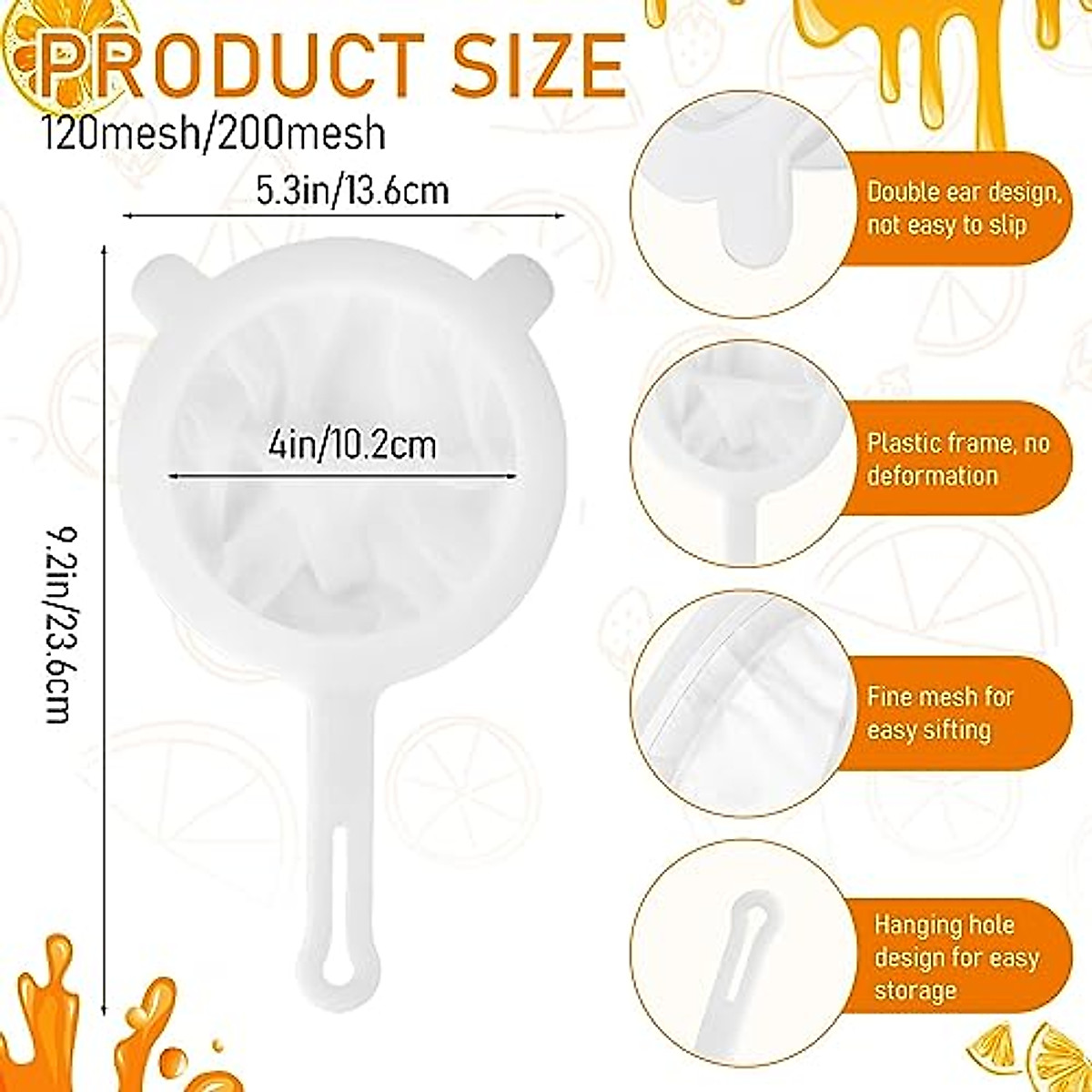 2 Pack Ultra Fine Mesh Juice Strainer Plastic Nylon Food Strainer Yogurt Mesh Strainer with Handle for Kitchen Juicing 120/200 Mesh