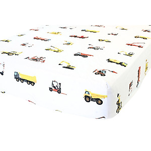 100% Cotton Fitted Crib Sheet - Premium Baby Bedding - Soft, Breathable & Durable - Construction Trucks Print