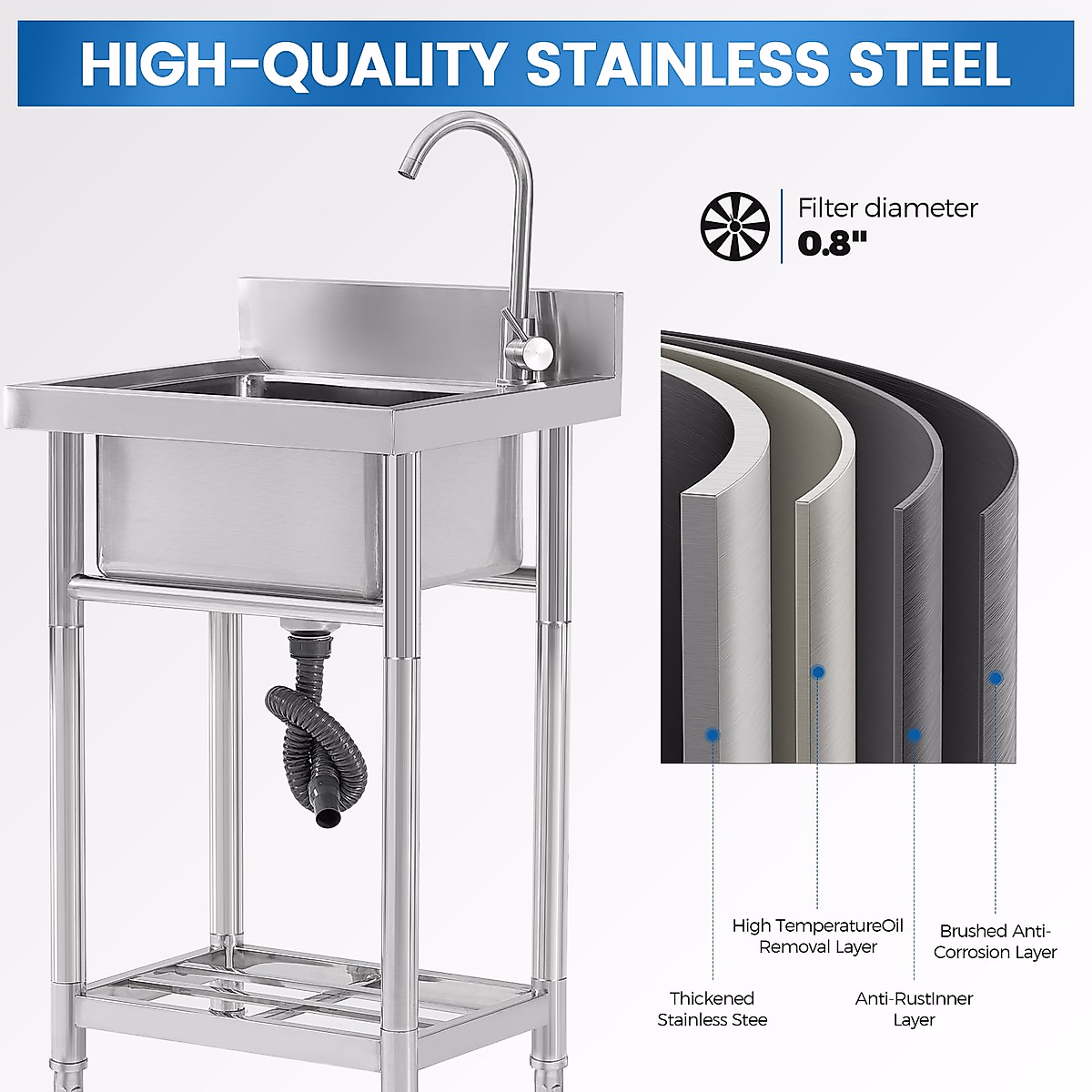 KUARBARR Stainless Steel Utility Sink Free Standing Single Bowl Set Prep Sink Station for Restaurant Kitchens Laundry Room Bathroom Farmhouse 22 Inches