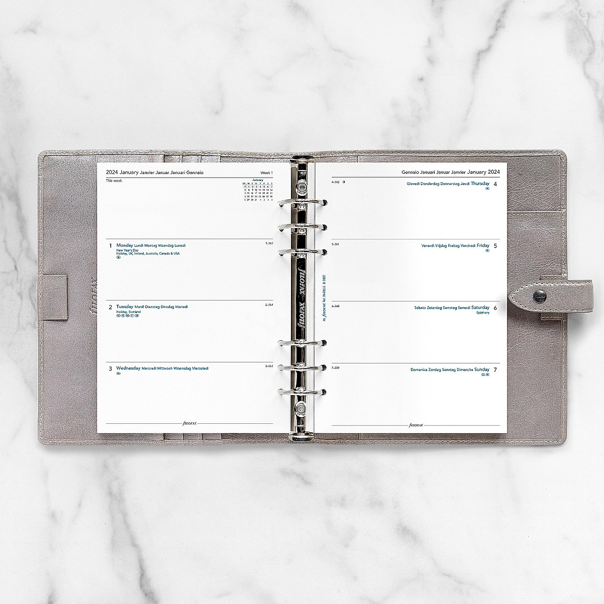 Filofax Calendar Diary Refill, A5 Size, Week-to-View with Notes Section, White Paper, Unruled, Multilingual: Five Languages, 2024 (C68516-24)