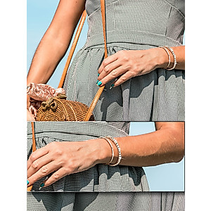 6 Pieces Bracelets Set for Women Stackable Elastic Bead Ball Bracelet Thin Bangle Bracelet Stretch Cubic Bead Bracelet Tennis Bracelet with Round Moissanite (Silver)