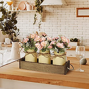 Floral Arrangements Artificial Centerpieces, Centerpieces for Dining Room Table, Mason Jar Decorative Wood Tray with Fake Rose Bouquet Flowers Farmhouse Decor for Living Room Kitchen Table - Pink