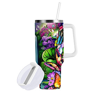 ODAWA 40 Oz Butterflies Floral Landscape Tumbler Cups with Handle and Straw, 2 in 1 Lid Insulated Stainless Steel Insulated Tumblers