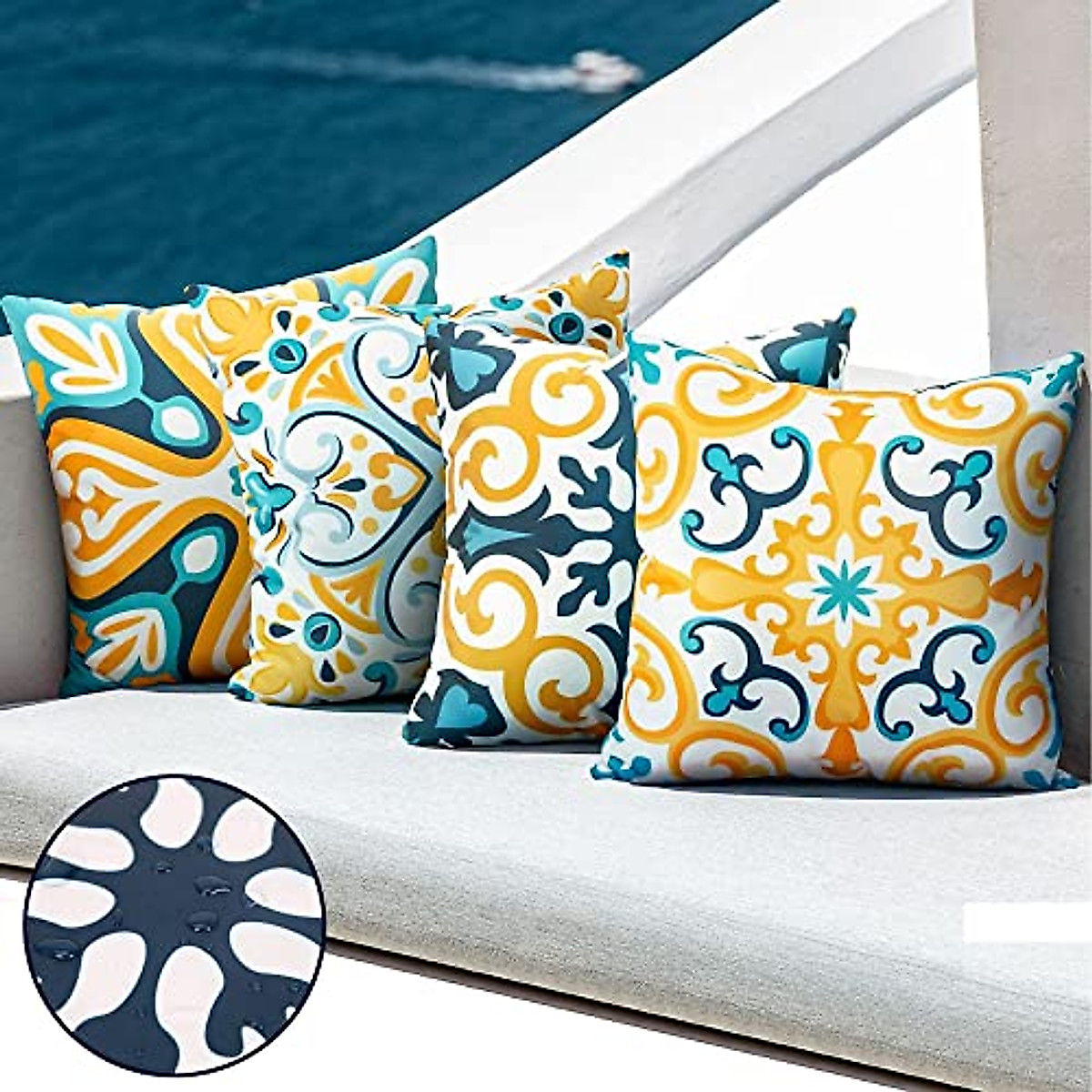 VIGVOG Yellow Blue Outdoor Indoor Waterproof Throw Pillow Covers 18x18 Inch Set of 4 Boho Floral Double-Sided Pillow Covers Modern Cushion Cases for Patio Funiture Garden Farmhouse Home Decor