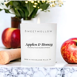 SweetHollow Apples and Honey Luxury Candle in White Jar with Wood Lid, Rosh Hashana and Jewish Holiday Gift, Highly Scented & Long Lasting Coconut Wax, Fall and Winter Fragrance for Home, Large