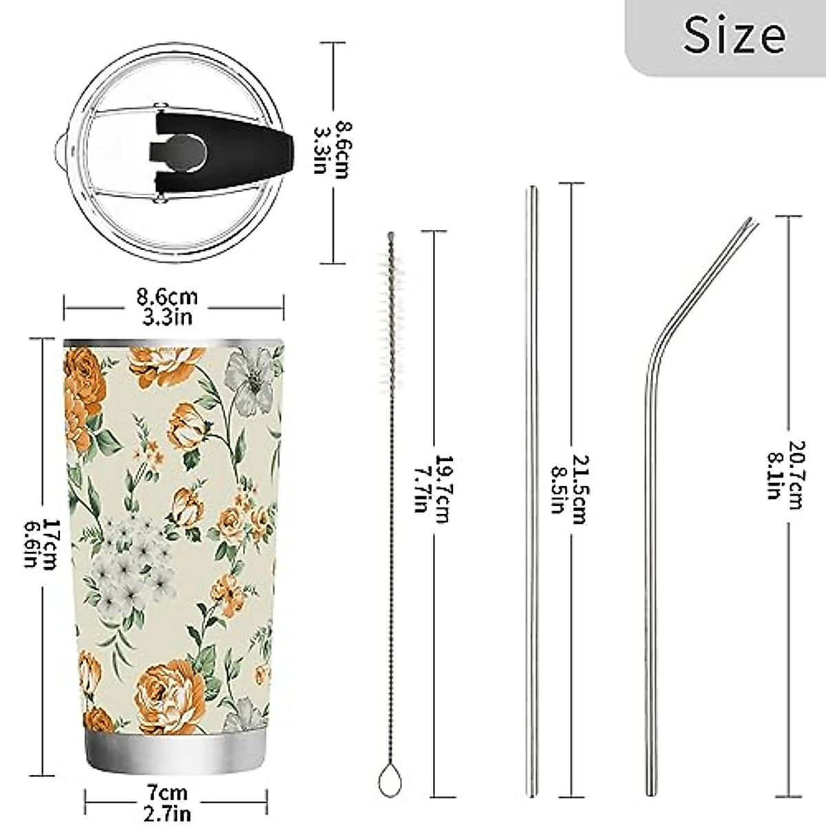 Jihqo Vintage Flower Tumbler with Lid and Straw, Insulated Stainless Steel Tumbler Cup, Double Walled Travel Coffee Mug Thermal Vacuum Cups for Hot & Cold Drinks 20oz