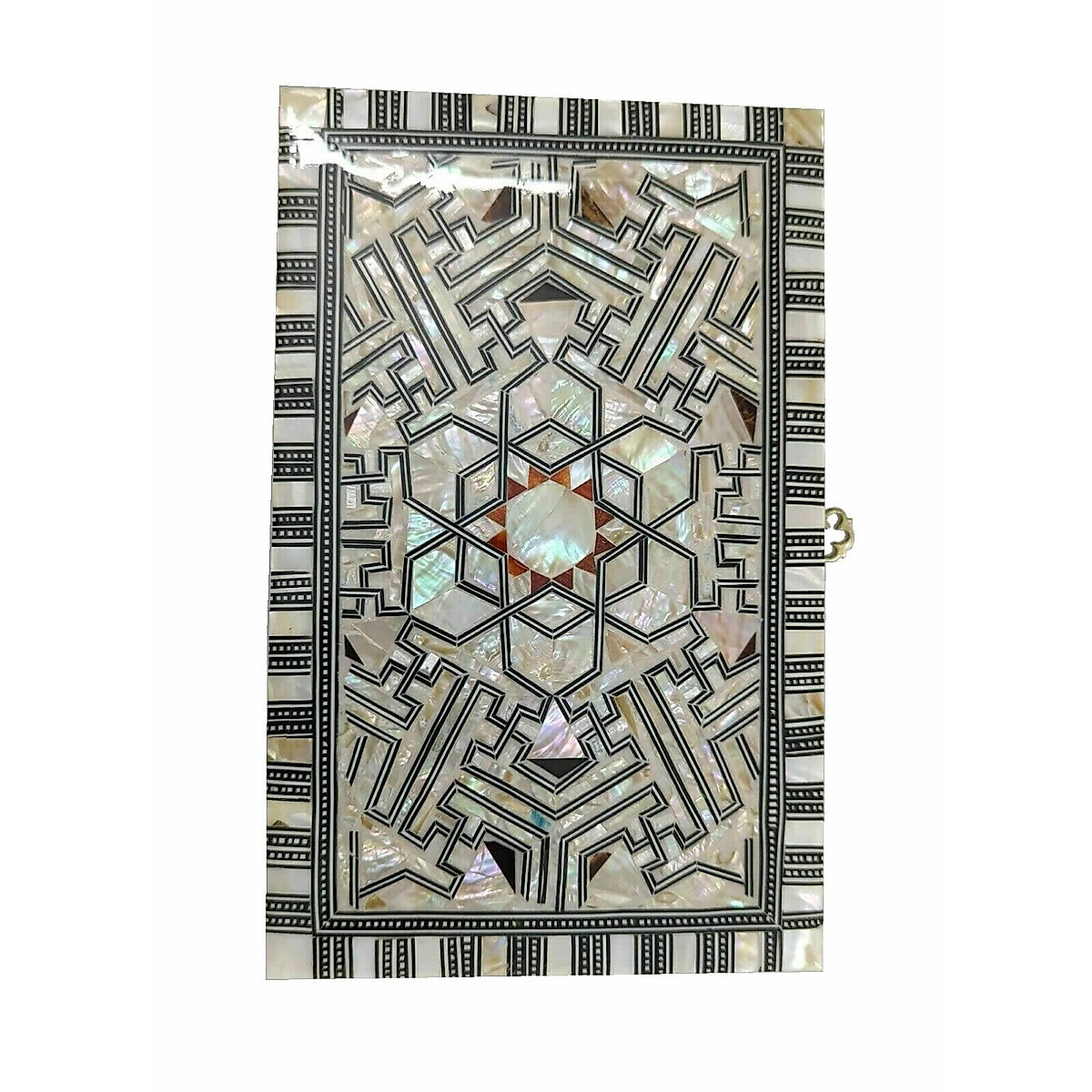 J96R Chest Egyptian Rectangular Mother Of Pearl Mosaic Jewelry Box With Key Lock, Brown
