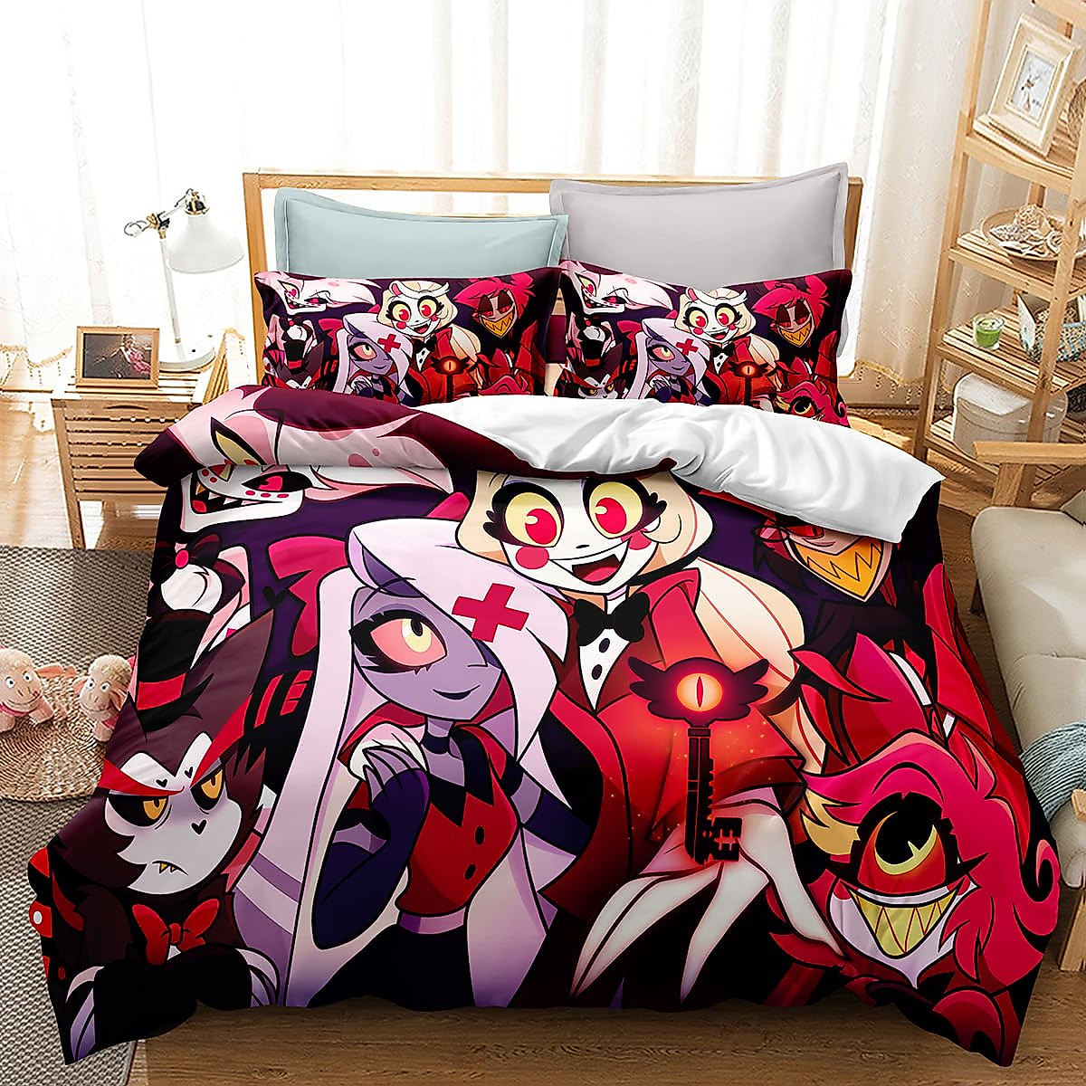 JewosS Hazbin Hotel 3 Piece Bedding Set Printed Duvet Cover Set Printed Bed Comforter Cover Quilt Covers with Pillowcases for Your Own Bedroom No Quilt(Queen), Style2