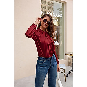 Ladies Workwear 2023 Trendy Summer Fall Mock Neck Lantern Long Sleeve Blouse Shirt Twist Front Top Wine Red XXL