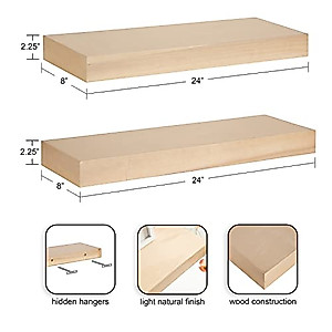 Kate and Laurel Havlock Modern Floating, Mid-Century Bathroom and Kitchen Shelves for Storage and Display, Set of, 2 Piece 24 x 8, Natural Wood