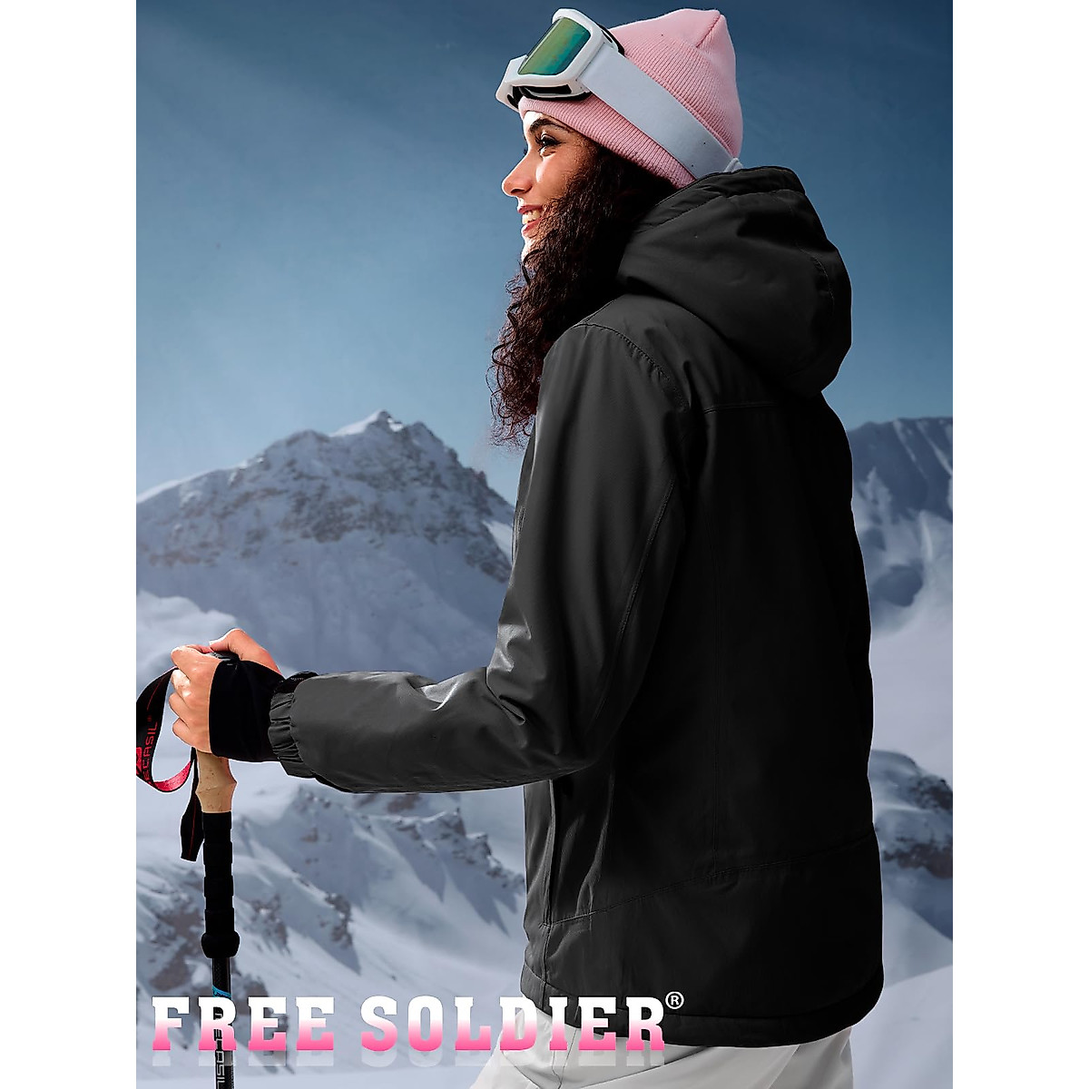 FREE SOLDIER Women's Waterproof Ski Snow Jacket Fleece Lined Warm Winter Rain Jacket with Hood Fully Taped Seams(Black,3XL)