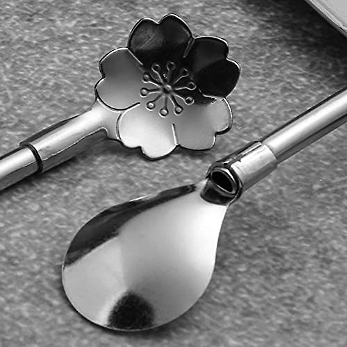 ERCRYSTO Reusable Stainless Steel Long Handle Straws Spoon, 6 Pieces 8.6", with 1 Cleaning Brush (circular)