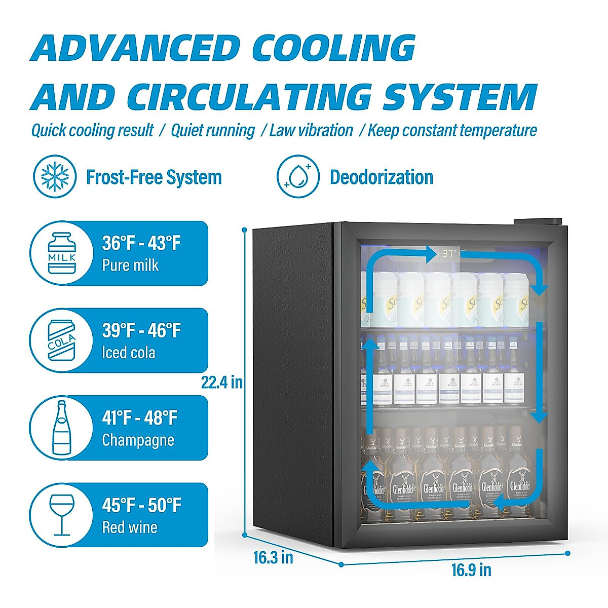 Erivess Compact Freestanding Beverage Refrigerator,70 Can/ 1.6 Cubic Feet Mini Fridge with Reversible Glass Front Door for Soda, Beer, or Wine, Under Counter Drink Dispenser with 2 Adjustable Shelves