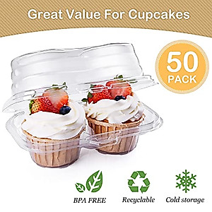 HIMETSUYA 2 Cavity Cupcake Boxes-Stackable Regular Cupcake Carrier Holder, Thicker Clear Cupcake Boxes, Non-slip High Topping Cupcake Containers for Cupcakes, Muffins (50)