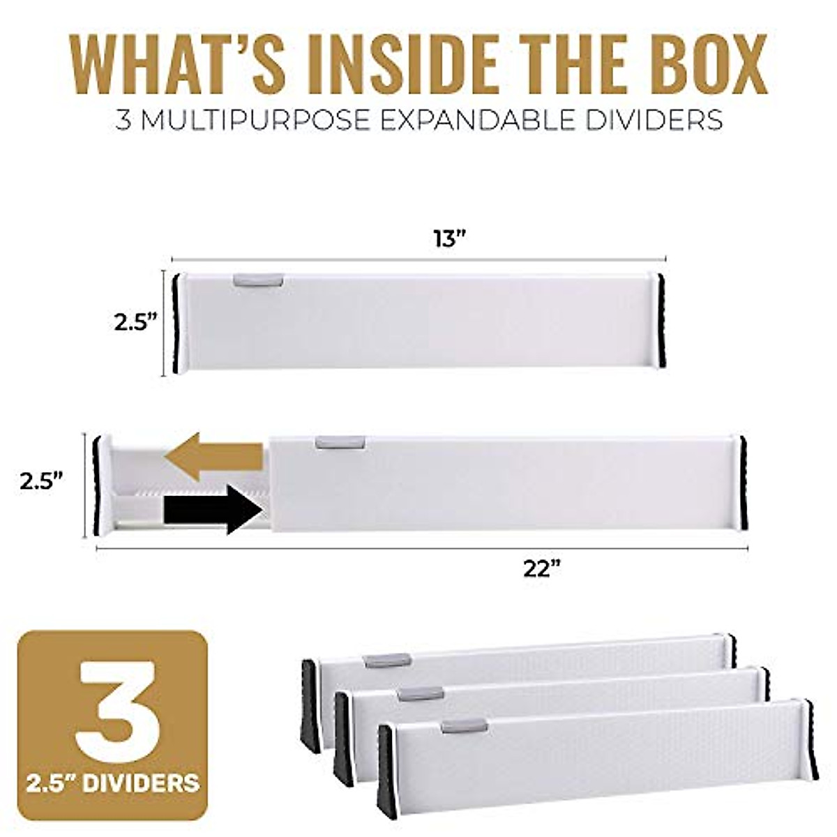 RAPTUROUS Drawer Divider - 2.5 Inch High, Expands from 13-22 Inches, Adjustable Dividers for Kitchen, Dressers - Organizers for Clothing, Baby Clothes, Untensils, etc - 3 Pack White Drawer Separators