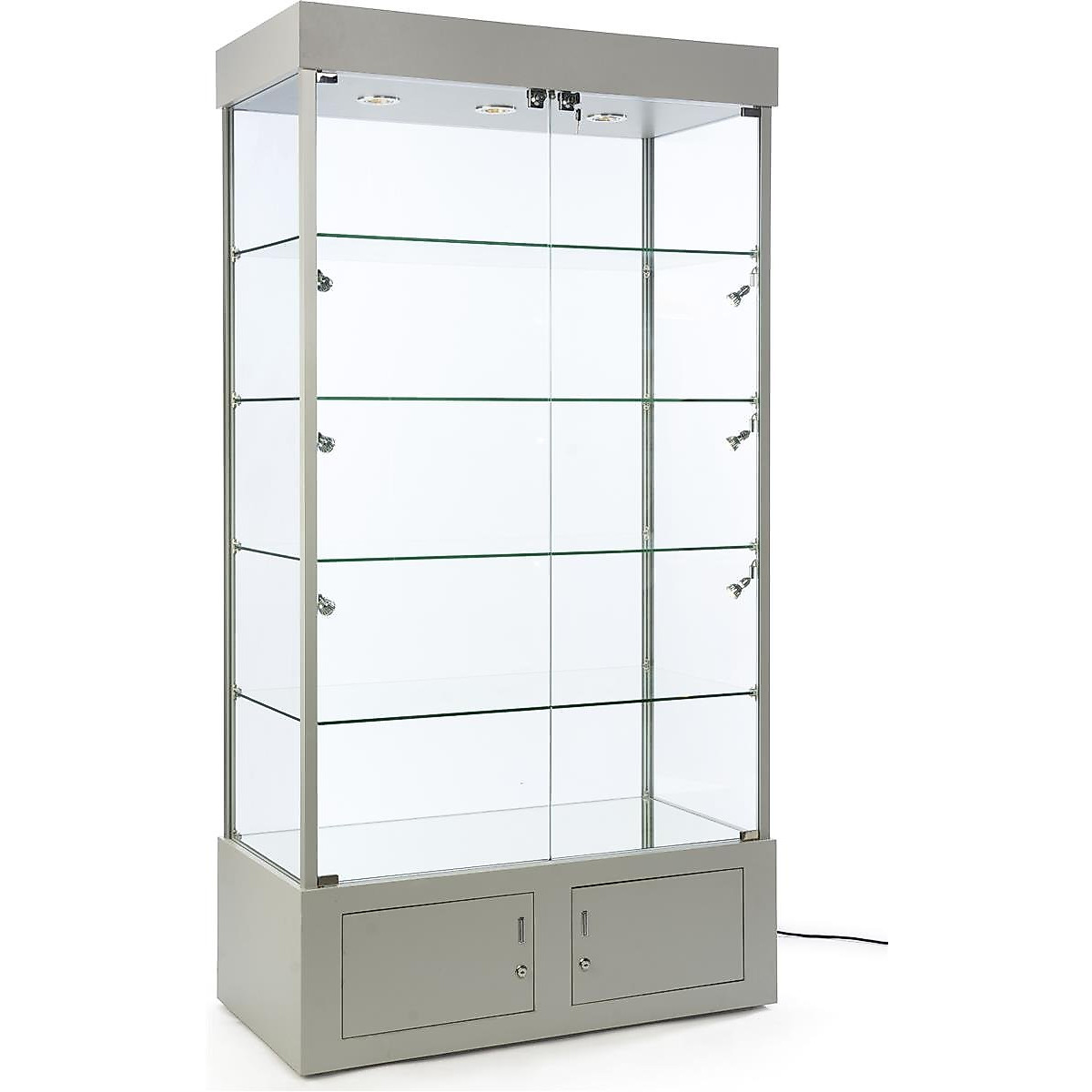 Displays2go, Tall Glass Showcase, Aluminum, Tempered Glass, Melamine – Silver, Clear (SMPLTW02SV)