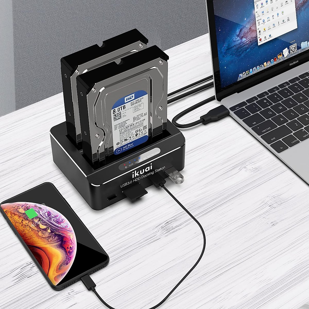 ikuai SATA to USB 3.0 Dual Bay Hard Drive Dock for 2.5"/3.5" SATA HDD SSD with Micro SD Card Reader 2 USB 3.0 Port, Offline Clone Function External Hard Drive Docking Station, 2X20TB and UASP Support