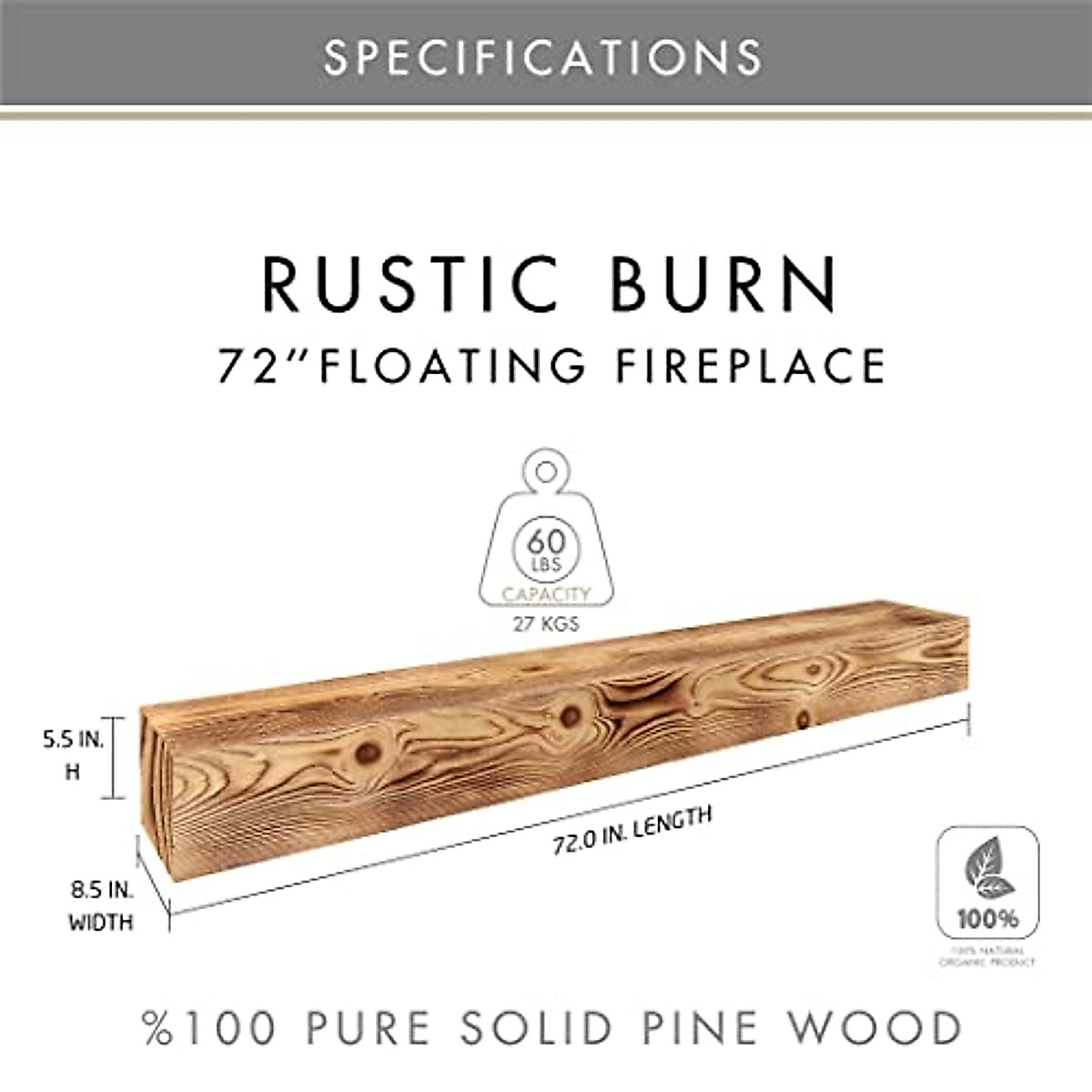 BODRUM WOODEN Beam Wood Shou Sugi Ban Fireplace Shelf Mantelpiece Shelving Water-Based Paint Floating Cottage Solid Easy Install Real Tree Handmade (Rustic Burn, 72'')