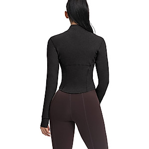 AVGO Women's Cropped Running Workout Jackets Zip Slim Fit Athletic Tops with Thumb Holes(Charcoal Black, S)