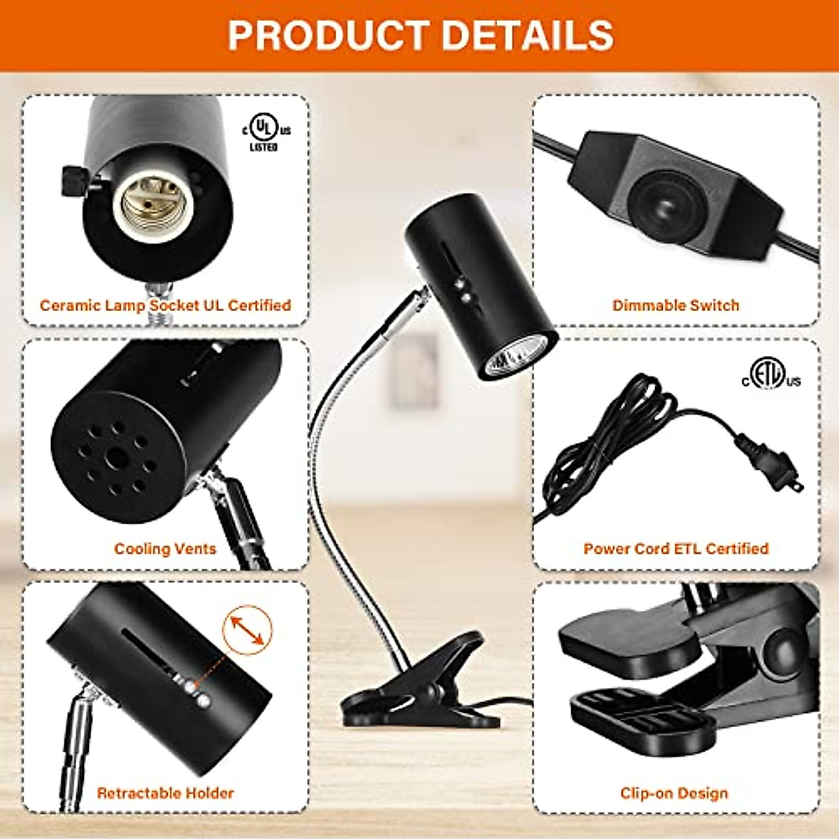 Simple Deluxe Reptile Lamp Fixture Holder Clamp Lengthened Adjustable Socket with Wider and Deeper Spot Light Barrel Dimmable Switch 25W UV Bulb Included, for Lizard Tortoise Snake Aquarium Habitat